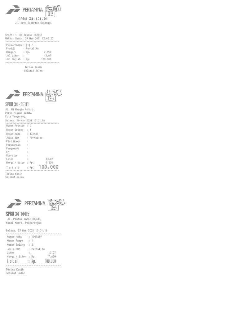 Contoh Bon Bensin Pertamina Manual | PDF | Bisnis | Teknologi & Rekayasa