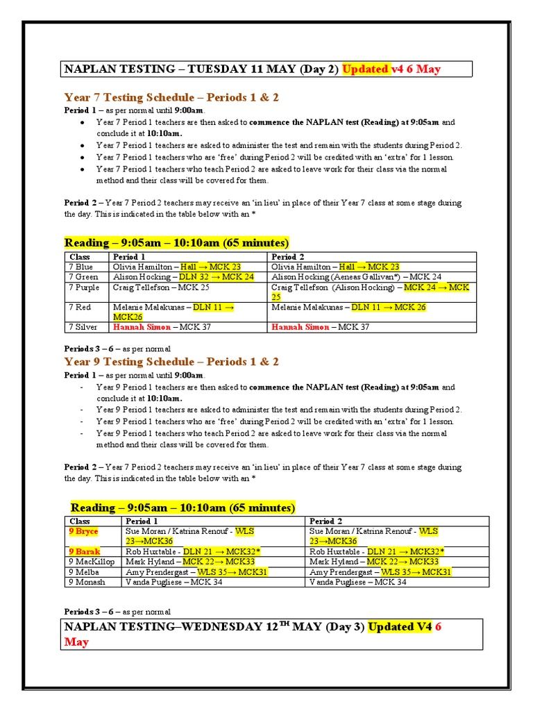 Year 7 Testing Schedule - Periods 1 & 2: Naplan Testing - Tuesday 11 ...