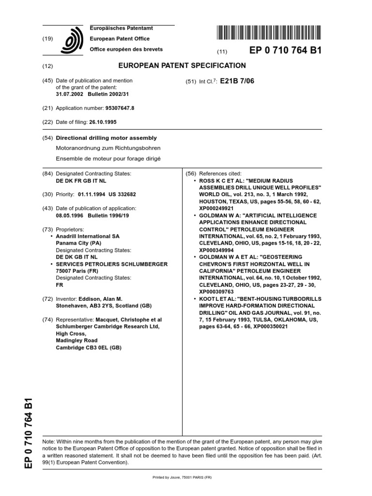 European Patent Specification E21B 7/06: Printed by Jouve, 75001 PARIS ...