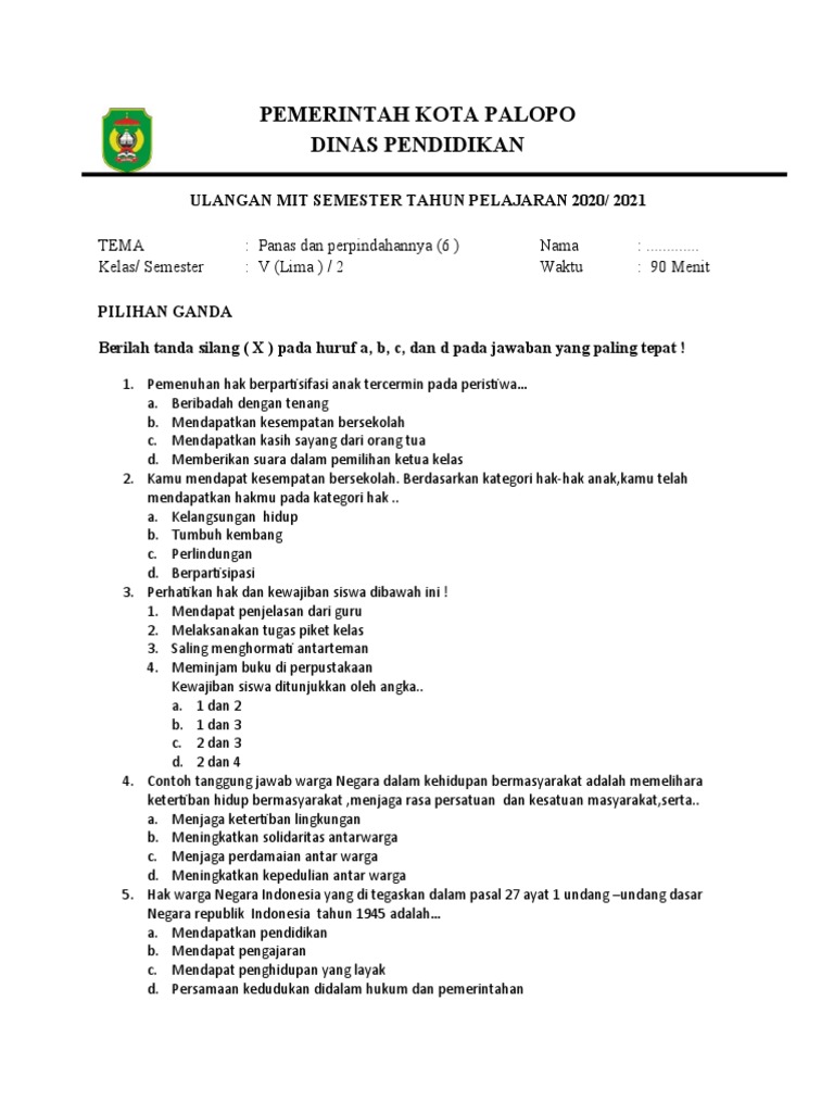 Soal Mit Semester Tema 6 - 2021 | PDF