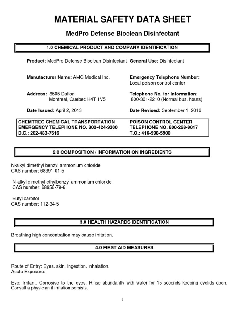 Material Safety Data Sheet: Medpro Defense Bioclean Disinfectant | PDF ...