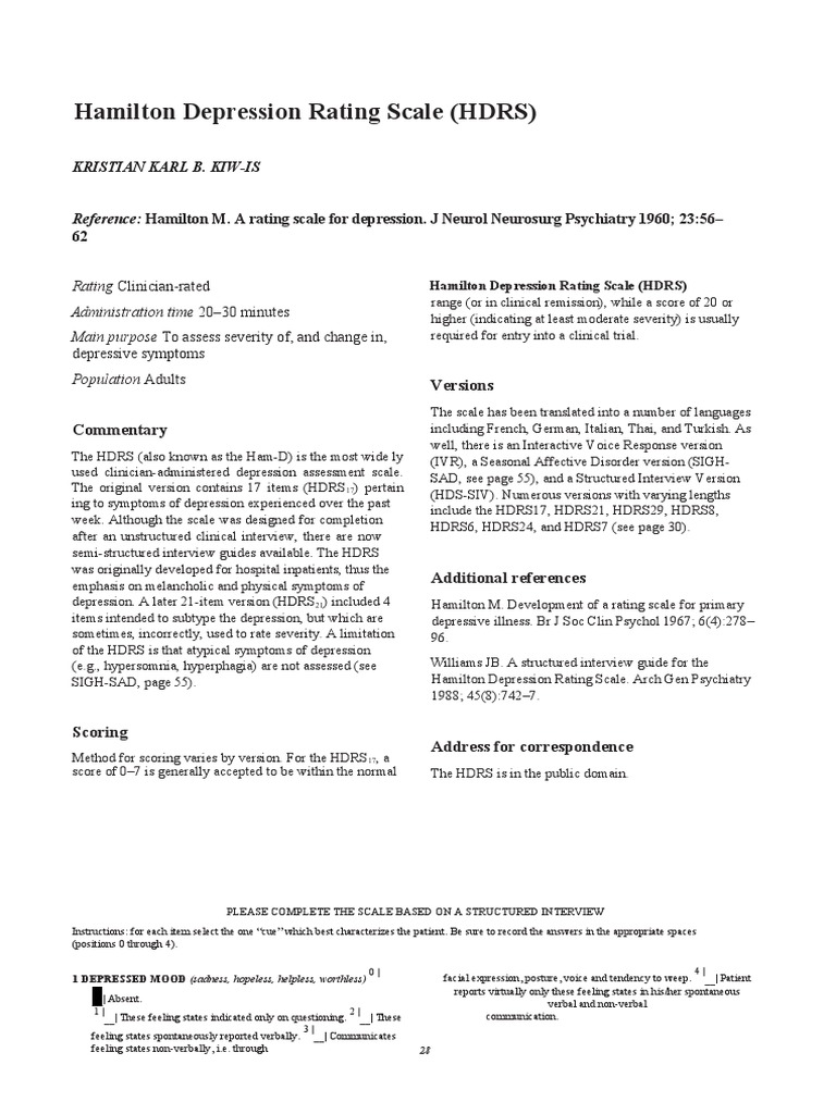 Hamilton Depression Rating Scale (HDRS) : Versions | PDF | Major ...