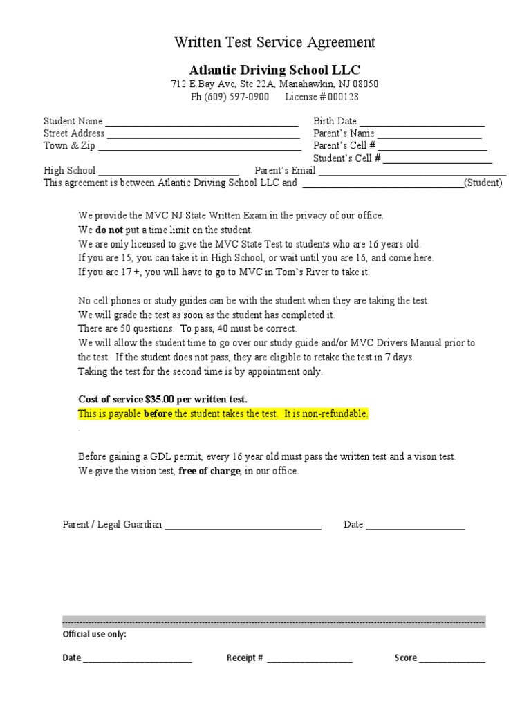 ADS Written Test Contract | PDF | Driving | Land Transport