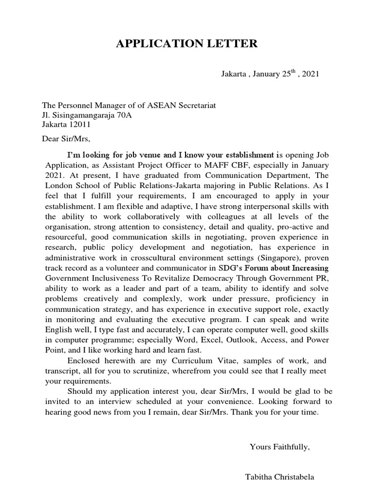 Application Letter - Assistant Project Officer To MAFF CBF 1 | PDF