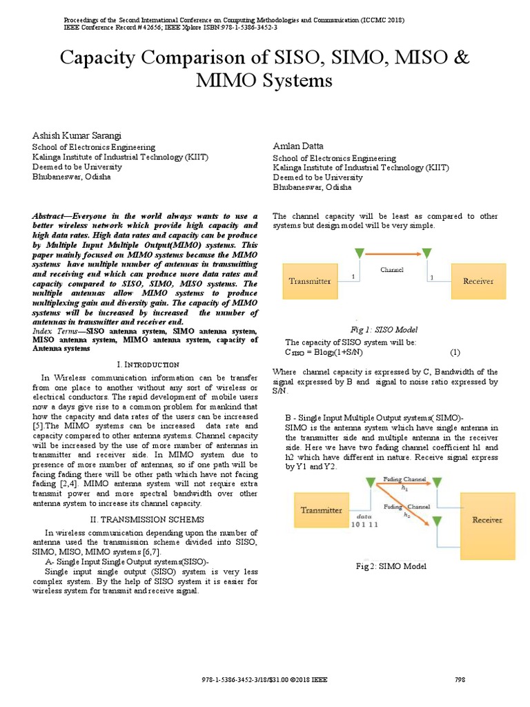 Capacity Comparison of SISO, SIMO, MISO & MIMO Systems | PDF | Mimo ...