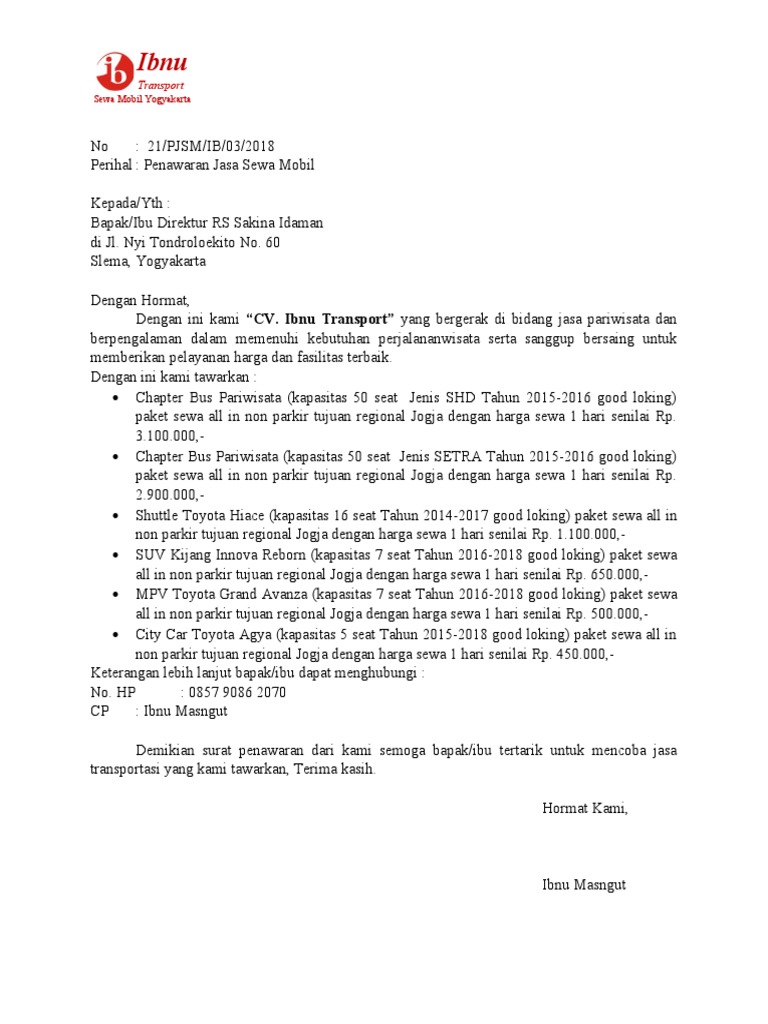 Surat Penawaran Sewa Mobil | PDF