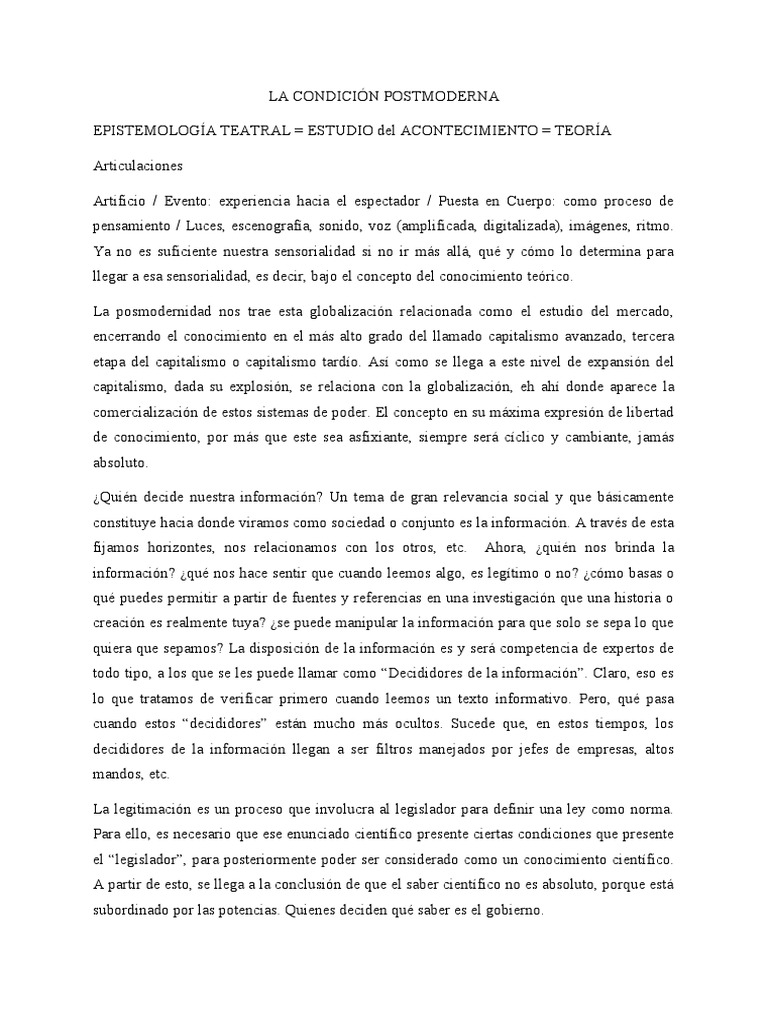 Resumen La Condición Postmoderna | PDF | Conocimiento | Información