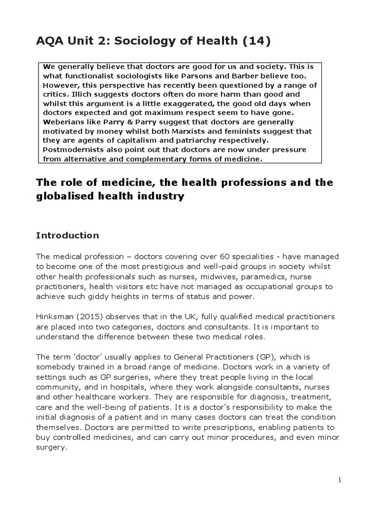 AQA Unit 2: Sociology of Health (14) : The Role of Medicine, The Health ...