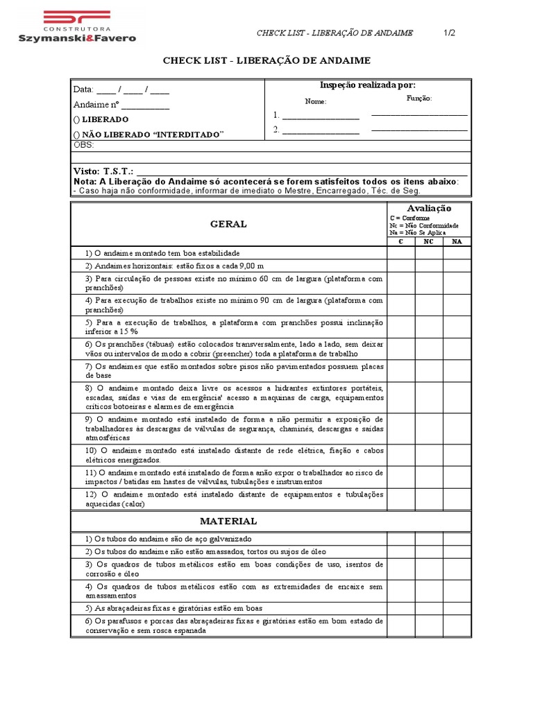 Checklist de Segurança para Andaimes | PDF | Natureza