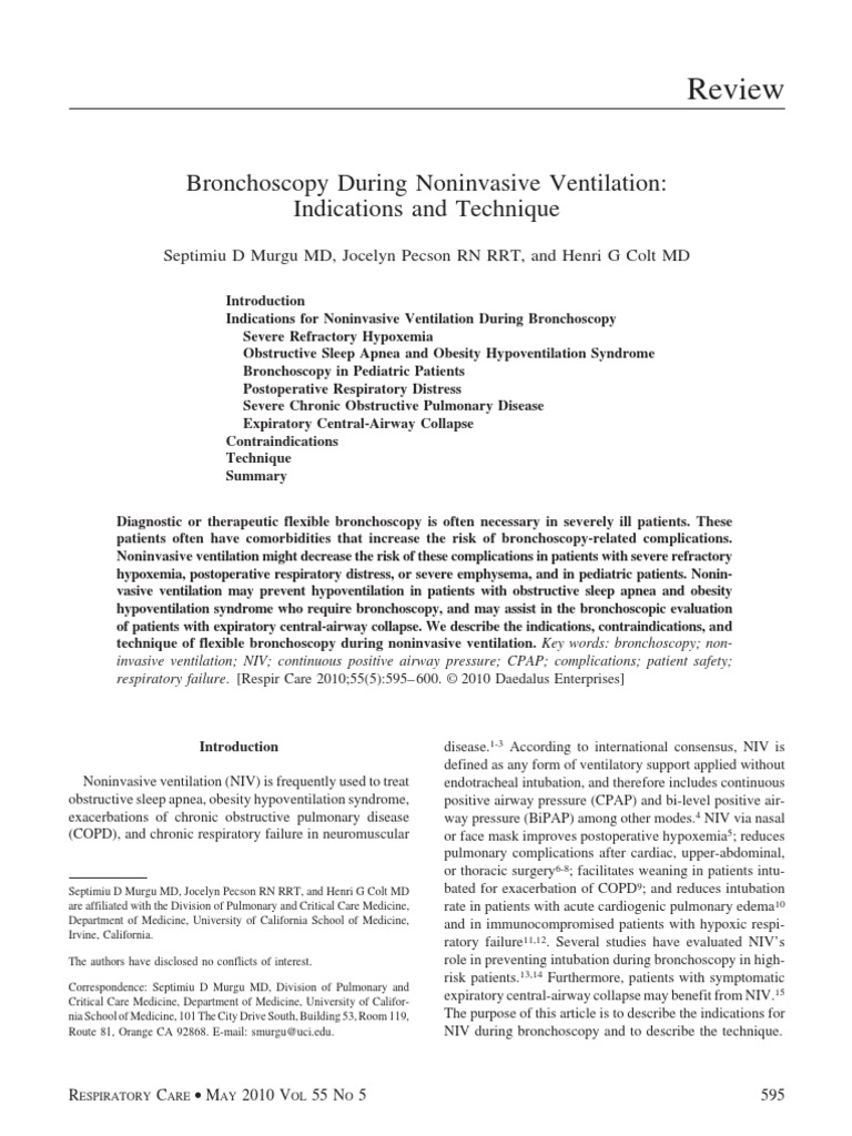 Review: Bronchoscopy During Noninvasive Ventilation: Indications and ...