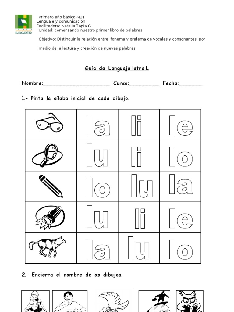 Guía Lenguaje - Actividades Letra L - 1º | PDF
