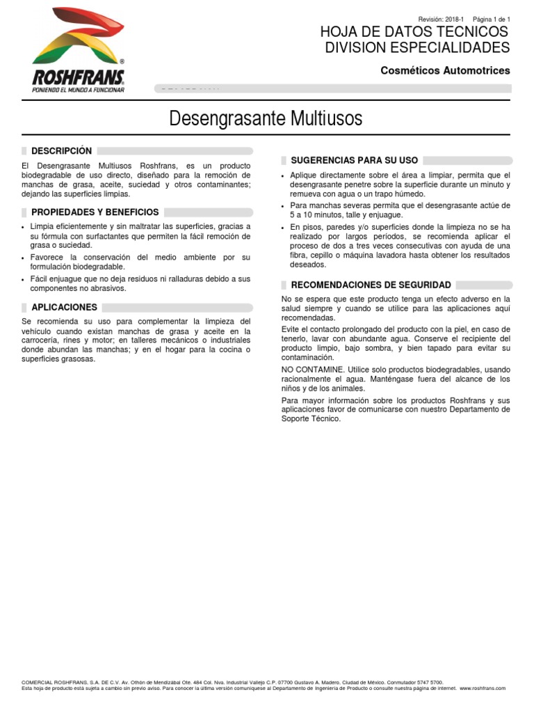Hoja de datos técnicos para desengrasante multiusos biodegradable | PDF | Agua | Naturaleza