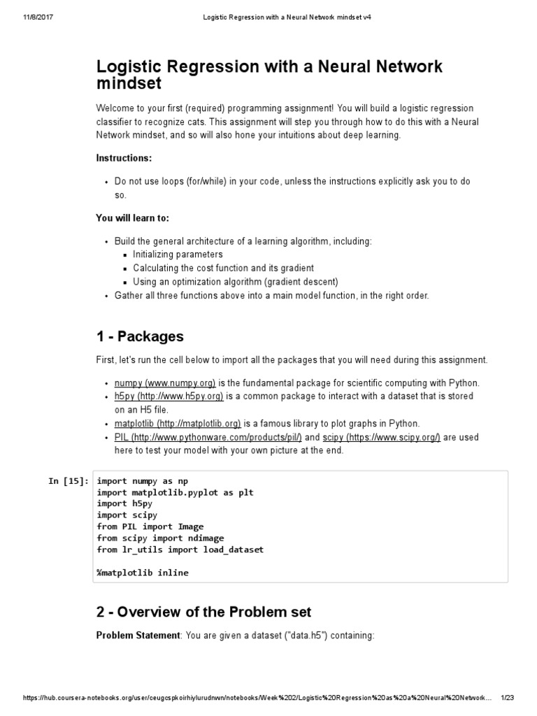 Logistic Regression With A Neural Network Mindset 1 Packages Pdf Artificial Neural 