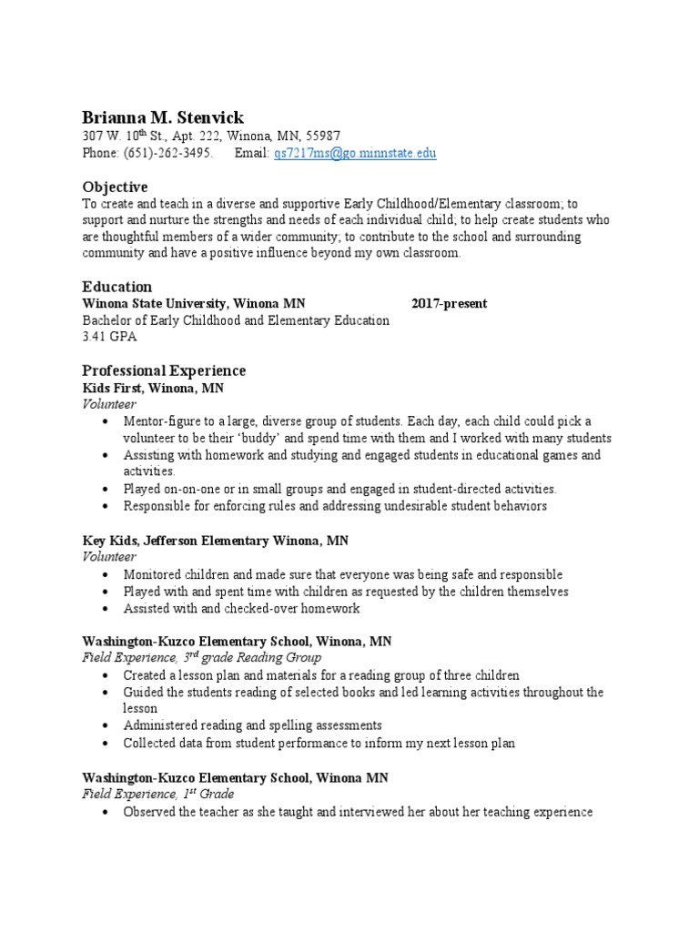 Stenvick Brianna Resume f2021 | PDF | Child Care | Relationships