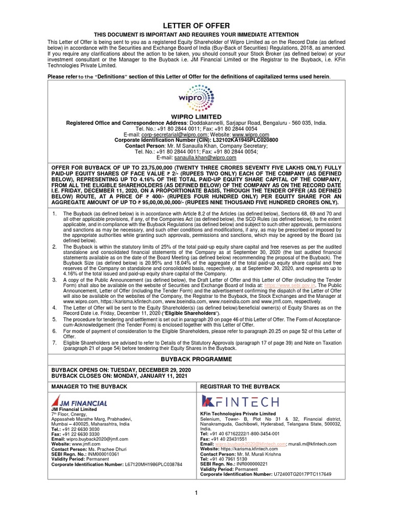 Wipro Letter of Offer For Buyback | PDF | Share Repurchase | Stocks