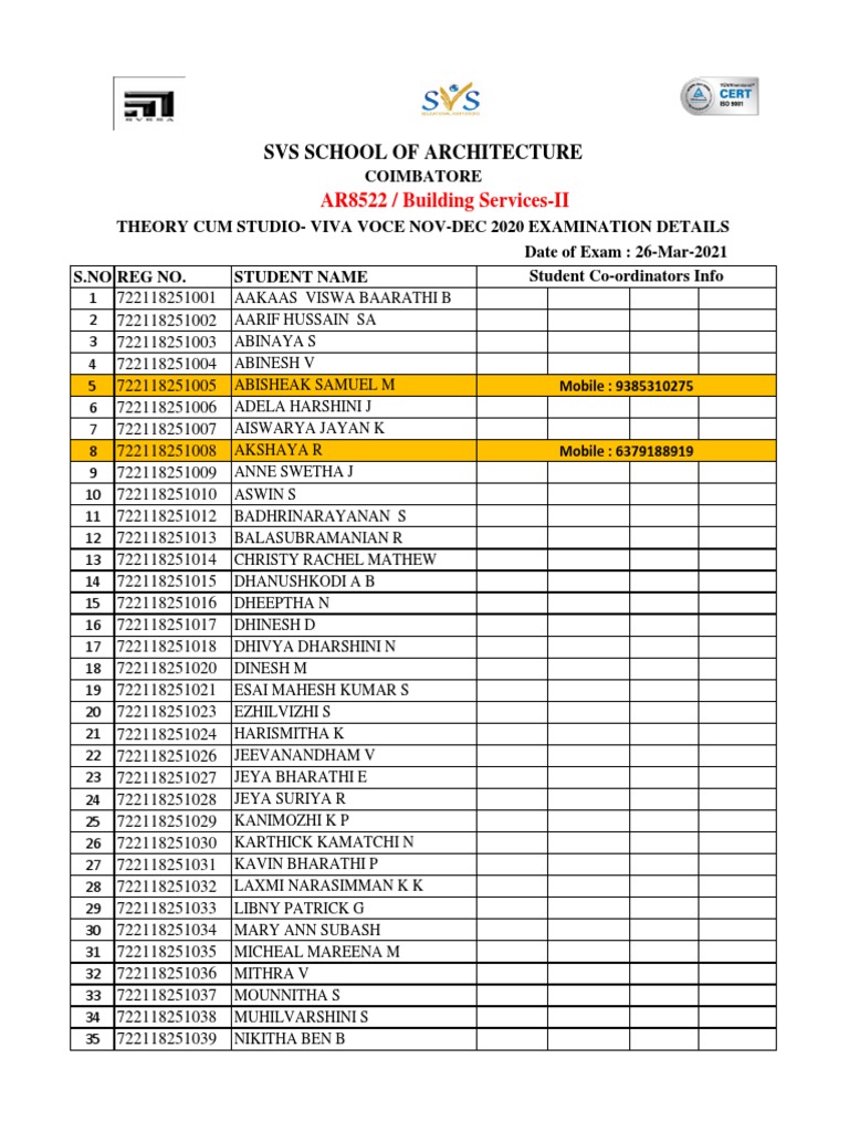 Student Name List - 26.03.2021 Viva-Voce Exams | PDF