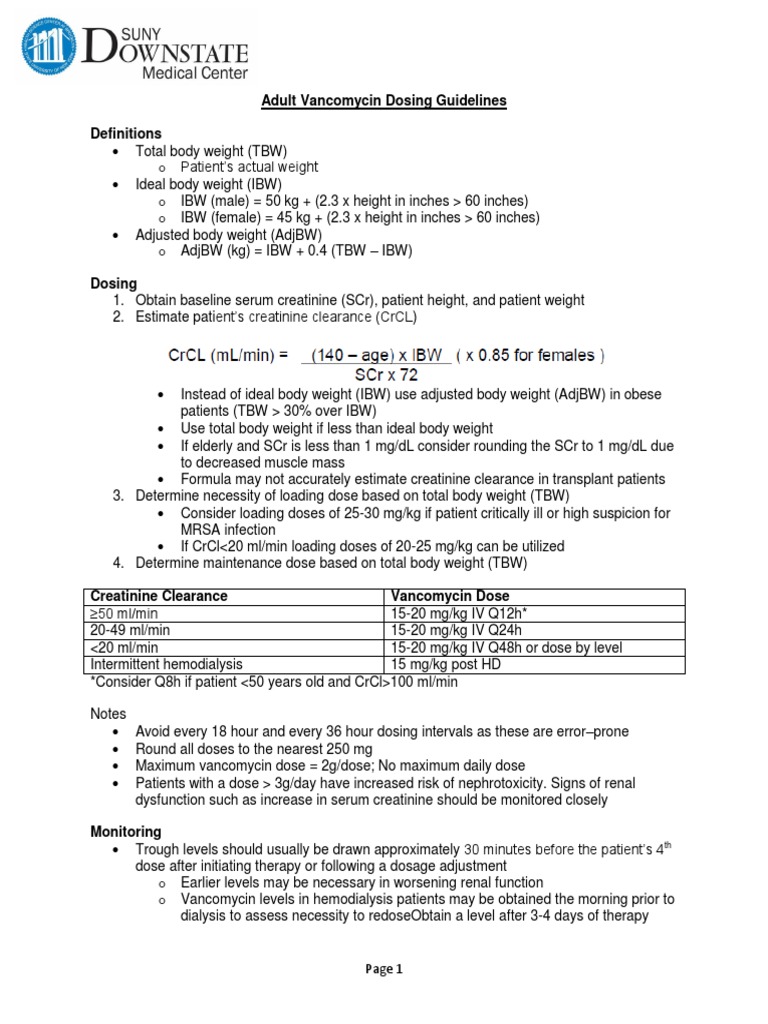 Adult Vancomycin Dosing Guidelines Definitions | PDF | Creatinine ...