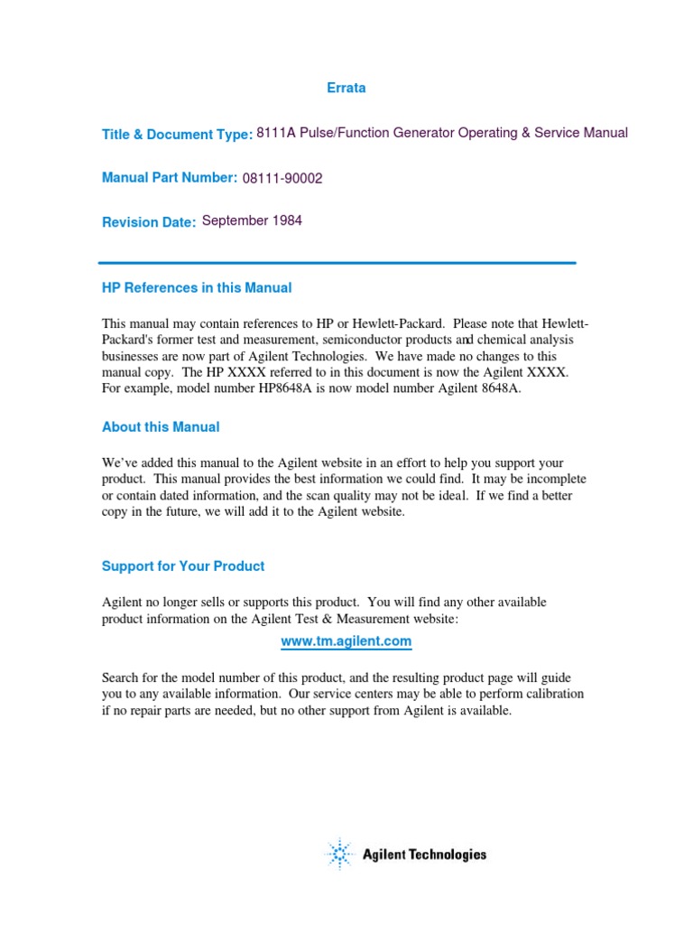 HP 8111A Generator Manual Errata | PDF
