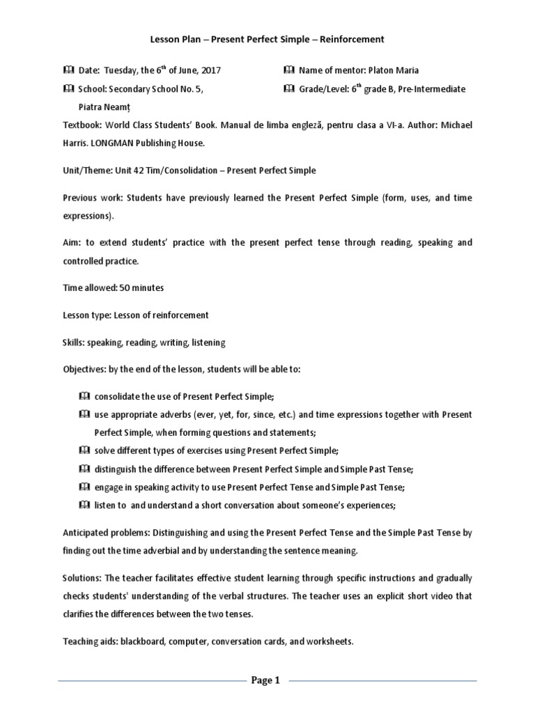 6th Grade English: Present Perfect | PDF | Lesson Plan | Grammatical Tense