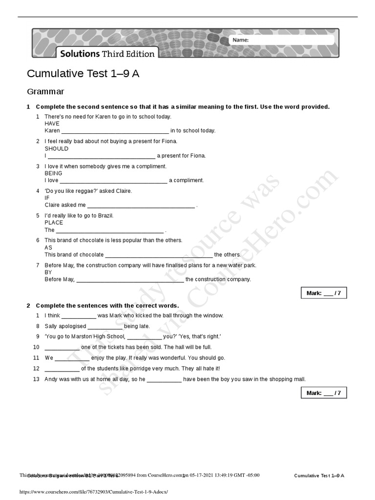 Cumulative Test 1-9 A Answers | PDF