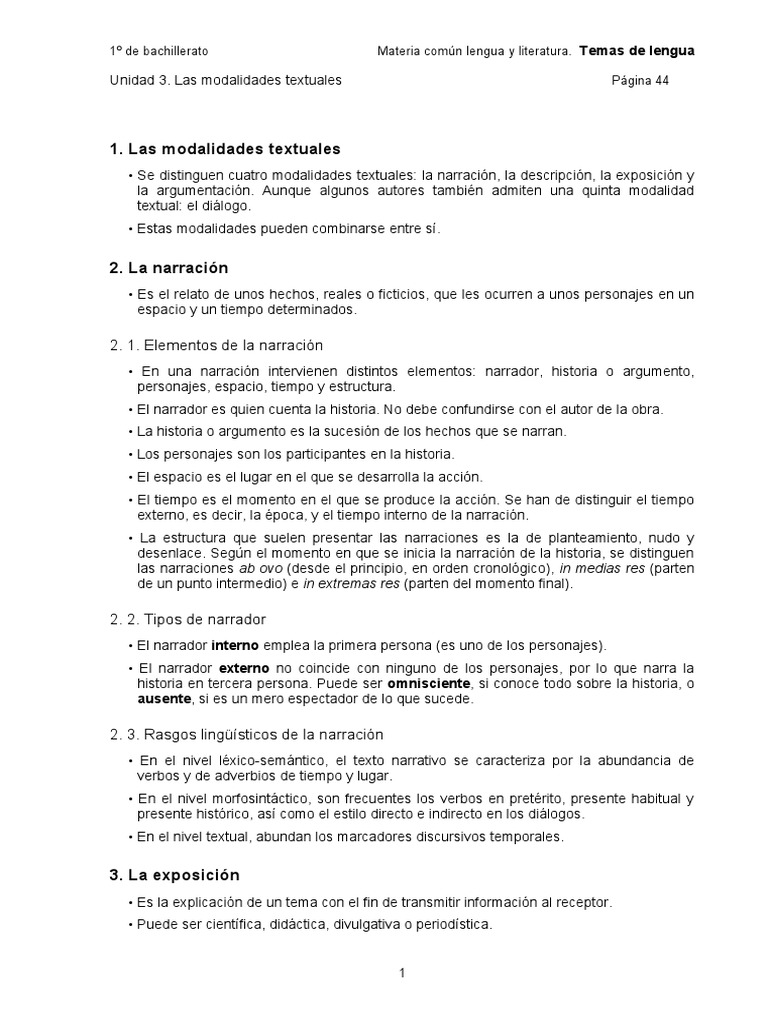1º Bach Unidad 3 Las Modalidades Textuales | PDF | Narrativa | Lingüística