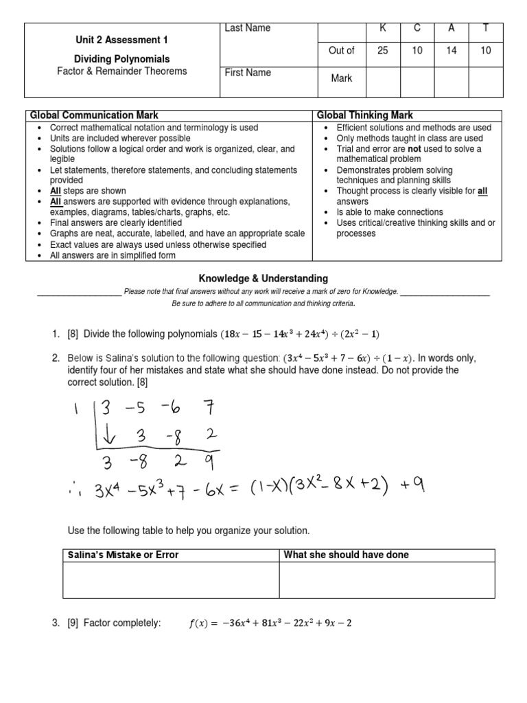 Unit 2 Assessment 1 V2 | PDF | Polynomial | Algebra