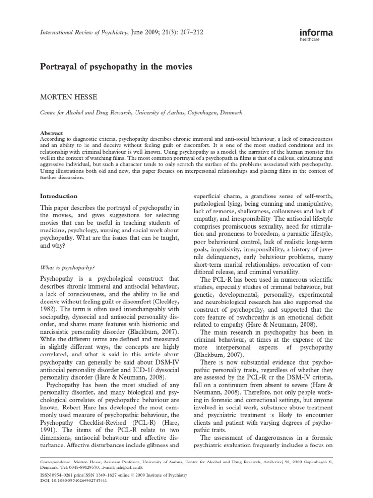 Portrayal of Psychopathy in The Movies | PDF | Psychopathy | Antisocial ...