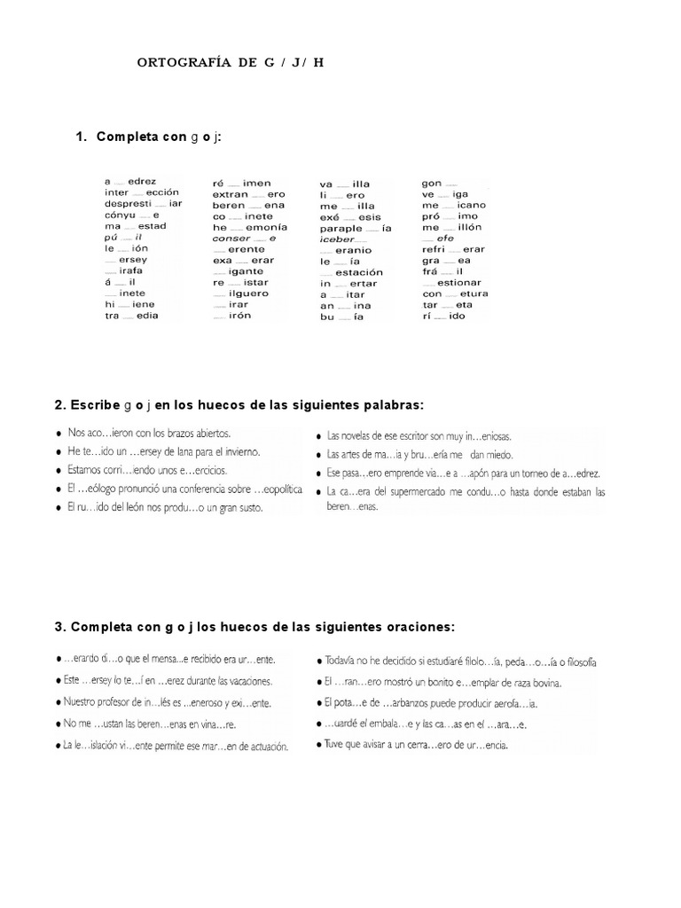 ORTOGRAFÍA DE G J - Ejercicios | PDF | Voz humana | Fonética