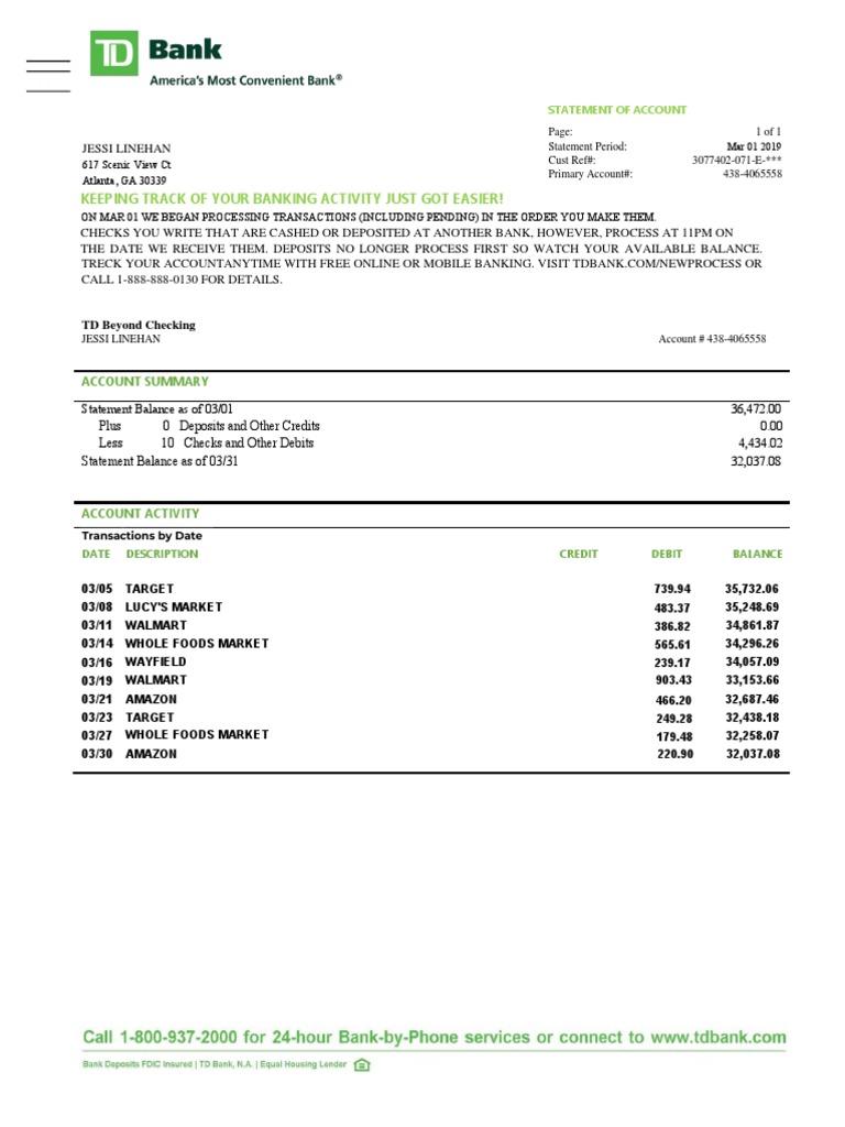 TD Bank Statement MAR 2019 | PDF | Debits And Credits | Deposit Account