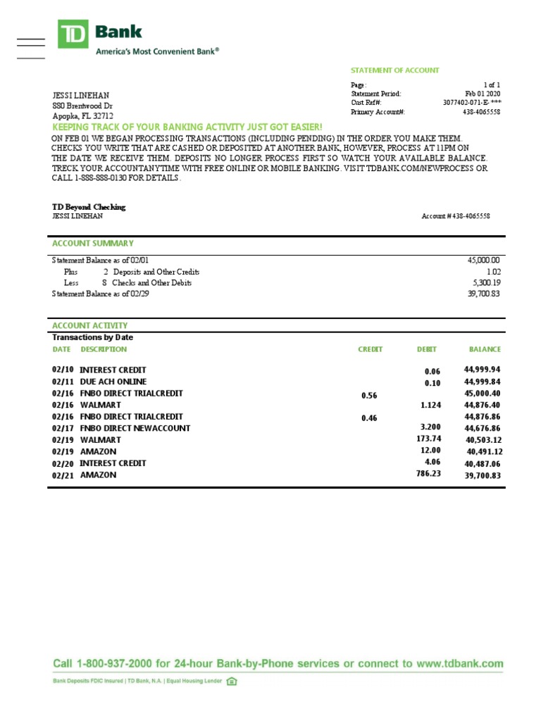 USA TD Bank Statement | PDF | Debits And Credits | Deposit Account