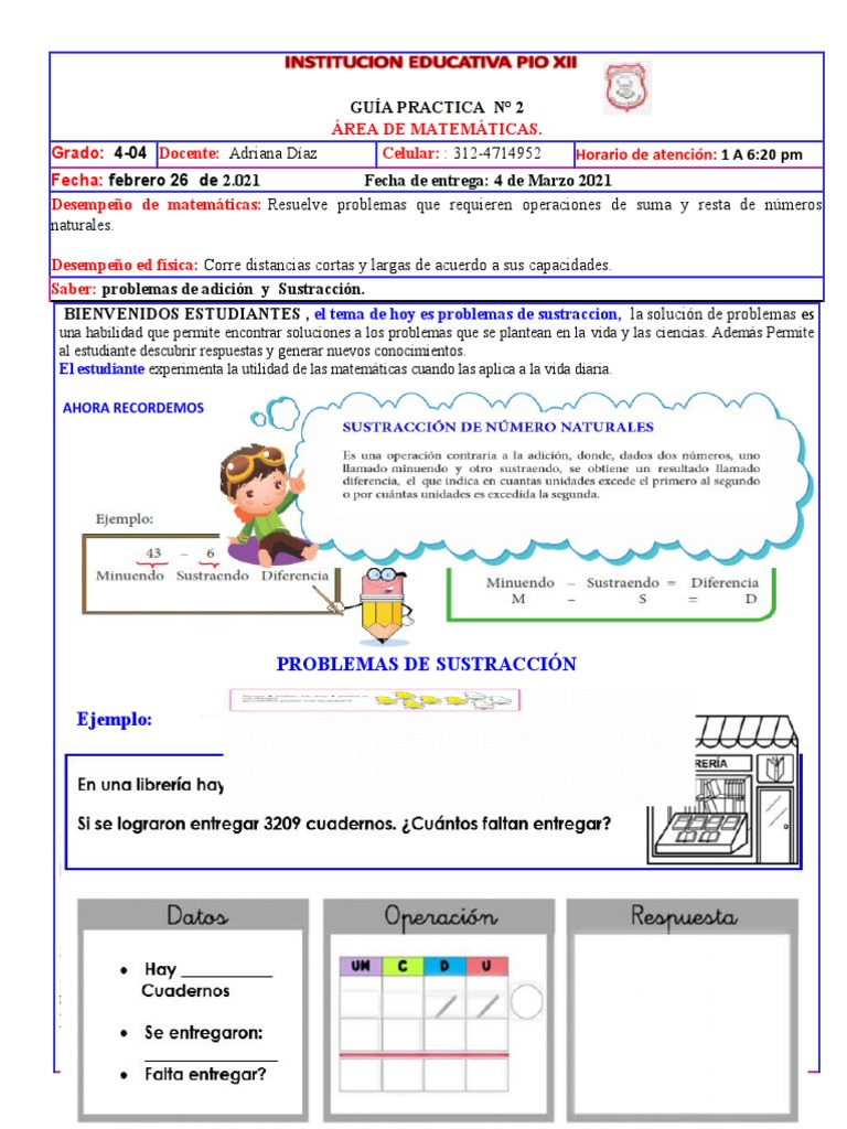 Problemas de Sustracción para 4° Grado | PDF | Sustracción | Enseñanza ...