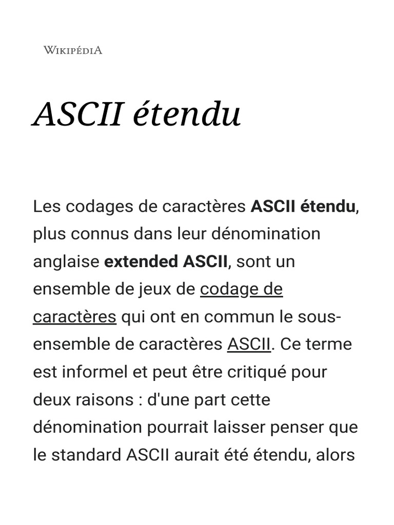 ASCII Étendu - Wikipédia | PDF | Codage des caractères | ASCII