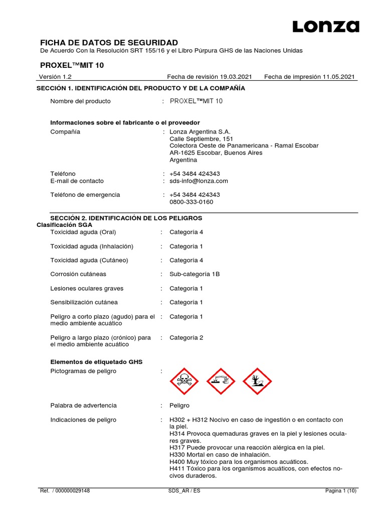 MSDS - Proxel MIT 10 - ES - 04 - 03 - 2021 | PDF | Toxicidad | Agua