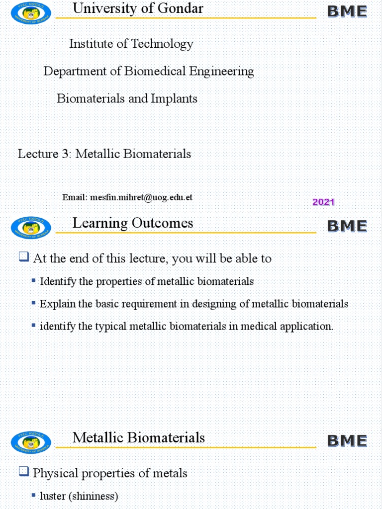 Lecture 3 Metallic Biomaterials | PDF | Biomaterial | Metals