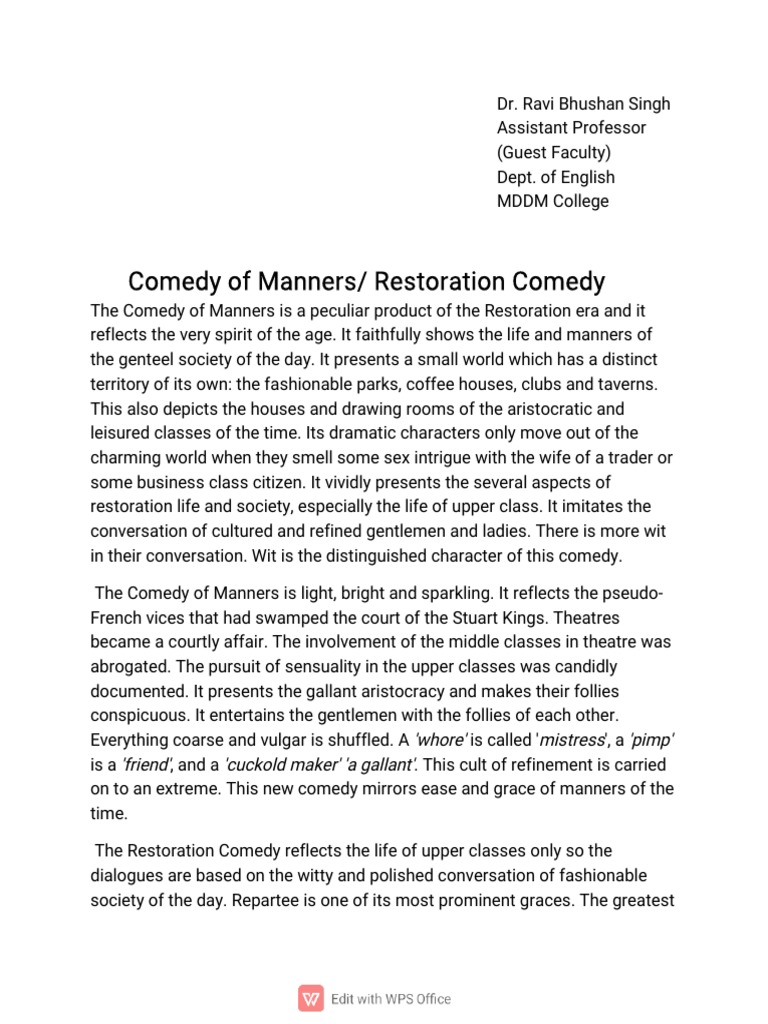 The Comedy of Manners: A Concise Overview | PDF