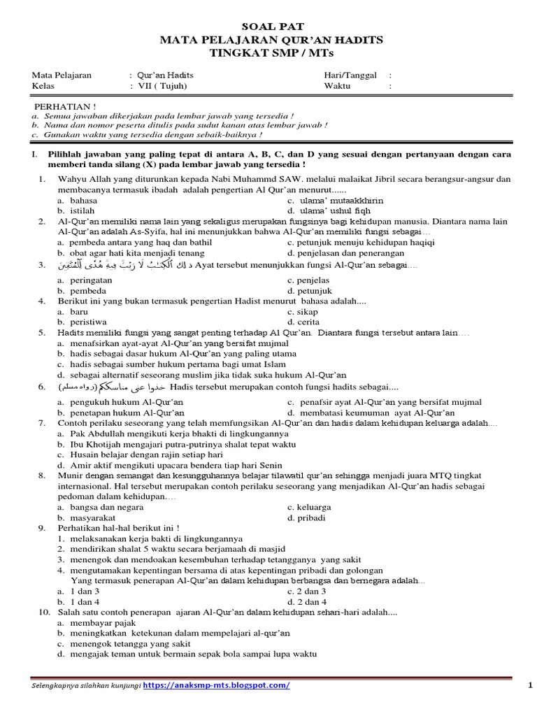 Soal Pat Qur'an Hadist Kelas 7 (Anaksmp-Mts) | PDF