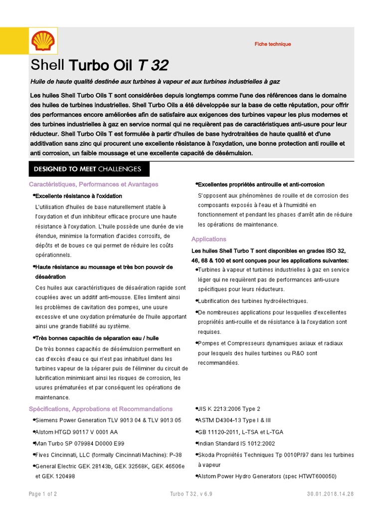 Fiche technique Shell Turbo Oil T 32 | PDF | Corrosion | Turbocompresseur