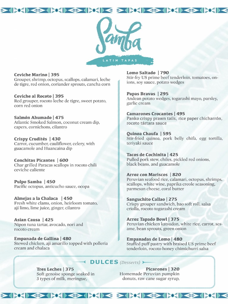 Samba Latin Tapas - A La Carte & Beverage Menu (As of May 15, 2021) | PDF