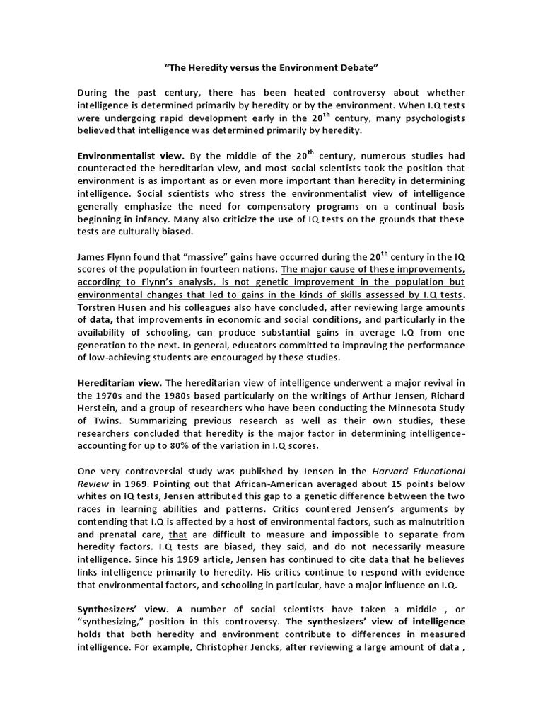 The Heredity Versus The Environment Debate | PDF | Intelligence ...
