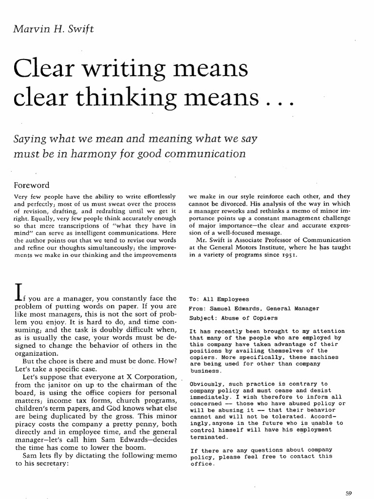 Clear Writing Reflects Clear Thinking | PDF | Neuropsychological ...