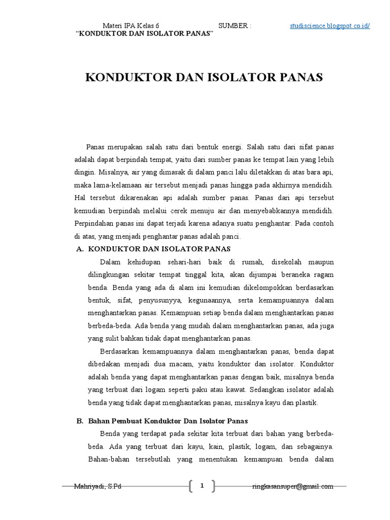 Konduktor dan Isolator Panas Kelas 6 | PDF