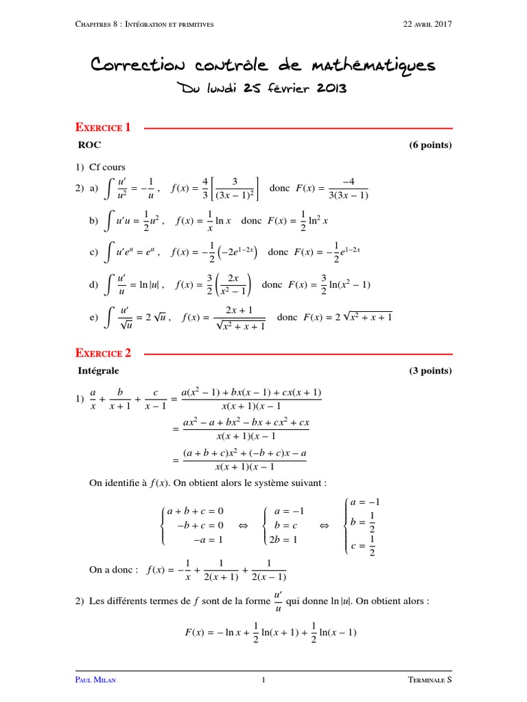 Correction Contrôle Maths: Intégration et Primitives | PDF | Physique ...