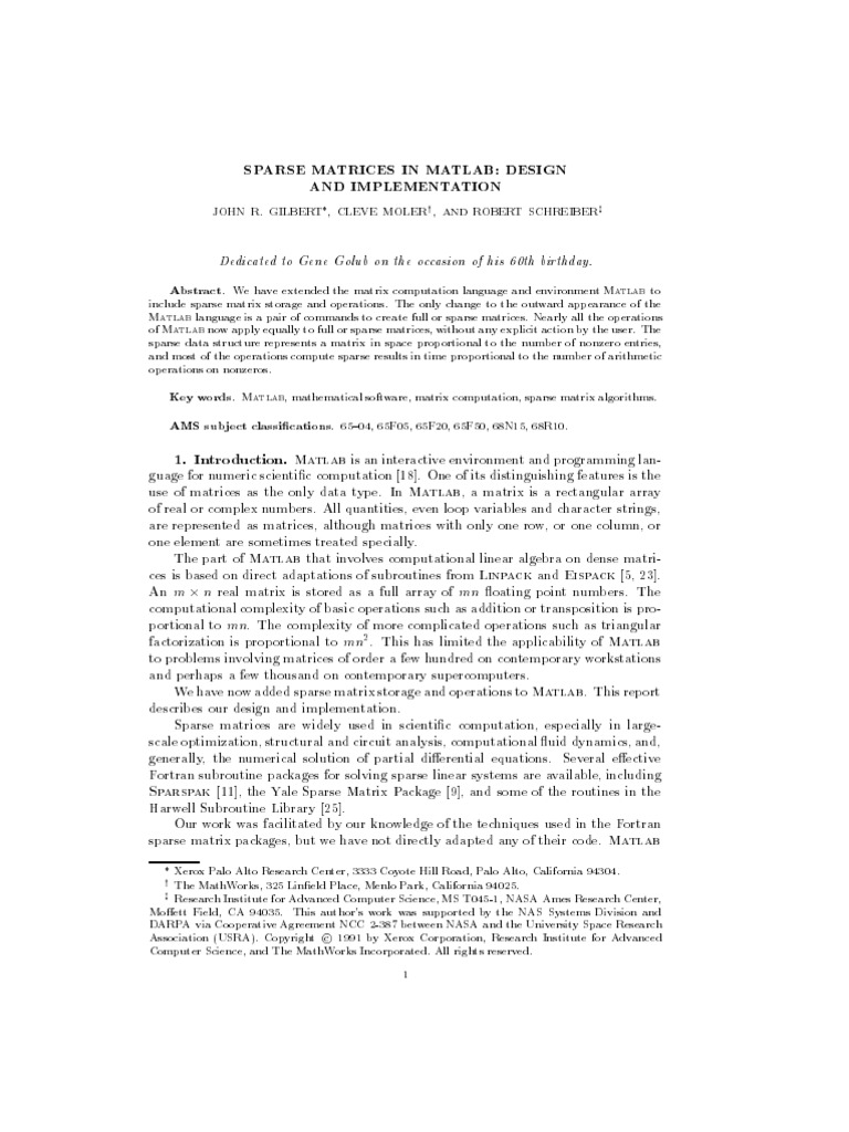 Sparse Matrices in Matlab: Design and Implementation: Dedicated To Gene Golub On The Occasion of ...