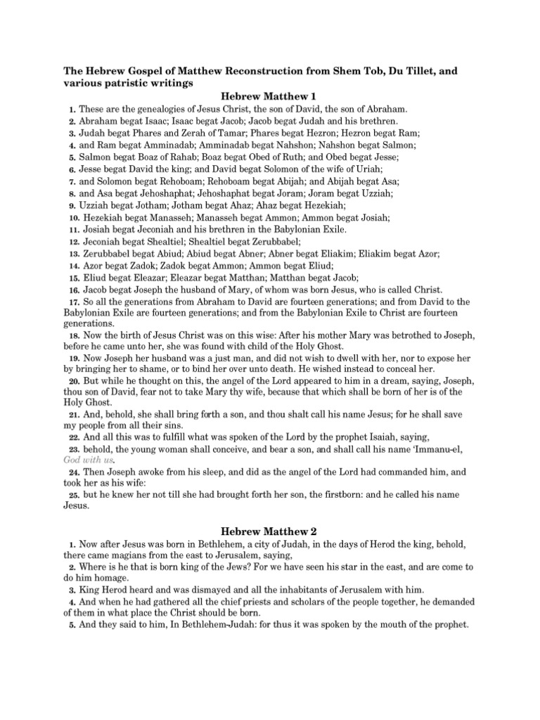 The Hebrew Gospel of Matthew Reconstruction | PDF