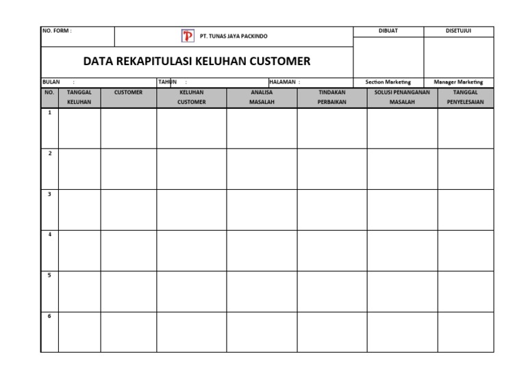 Form-TJP-MKT Form Data Rekapitulasi Keluhan Customer | PDF