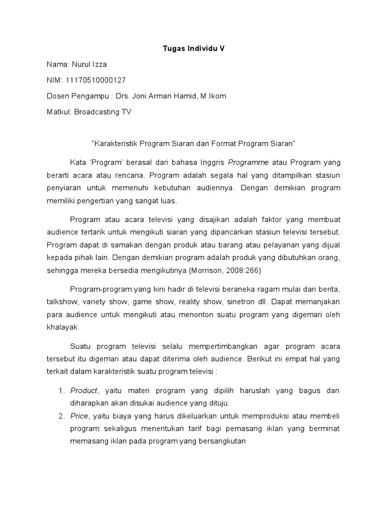 Tugas Individu V: Karakteristik Program Siaran | PDF