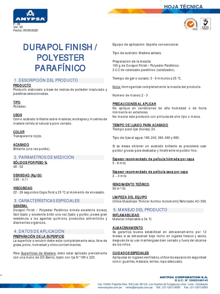 Durapol Finish - Polyester Parafinico | PDF | Sustancias químicas | Química