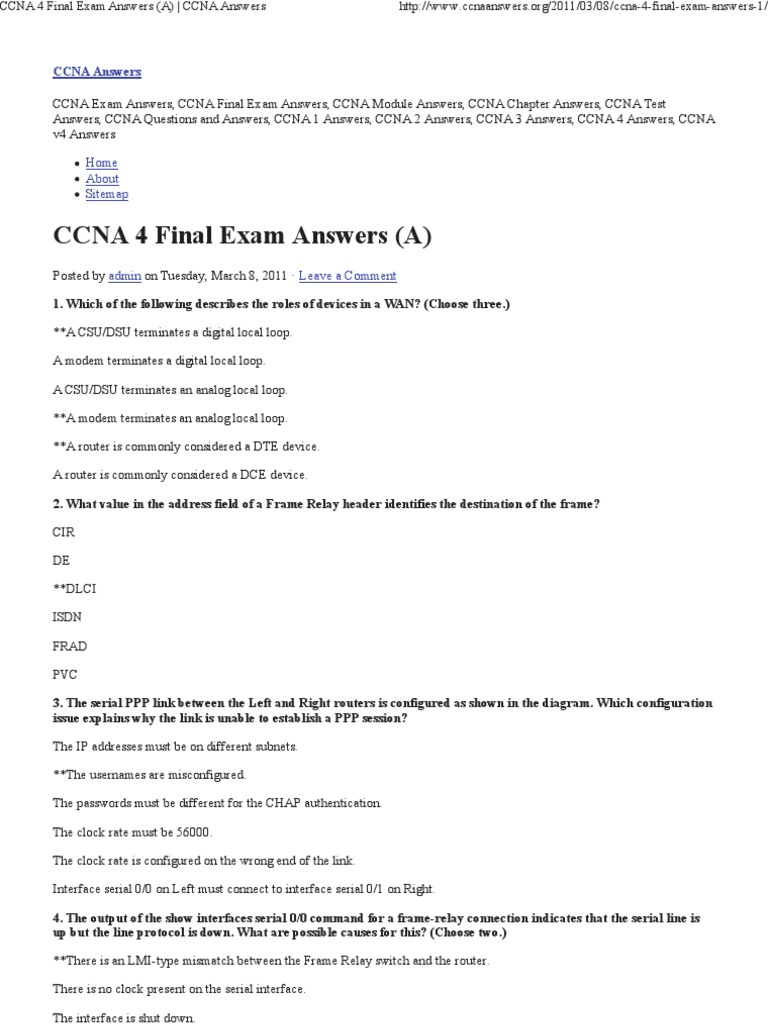 Ccna 4 Final Exam Answers A 1 Pdf Cisco Systems Computing And