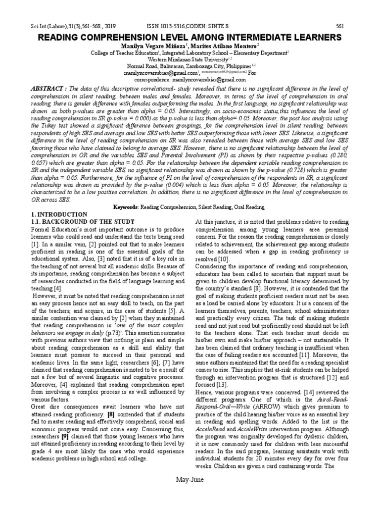 Reading Comprehension Level | PDF | Socioeconomic Status | Statistics