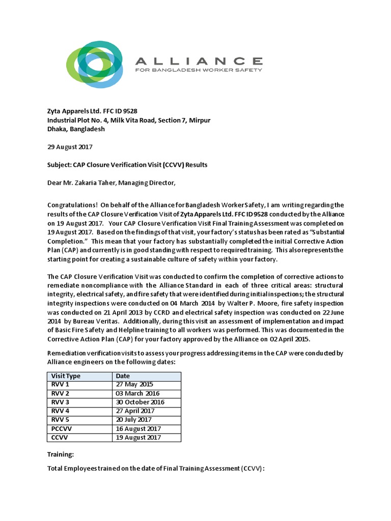 CCVV Letter | PDF | Regulatory Compliance | Occupational Safety And Health
